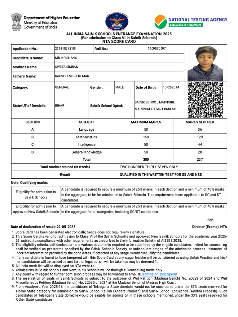 All India Sainik Schools Entrance Exam - Aissee - 2025 - India | PDF