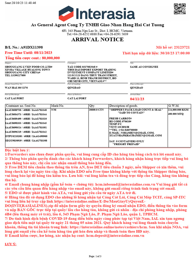 Arrival Notice | PDF