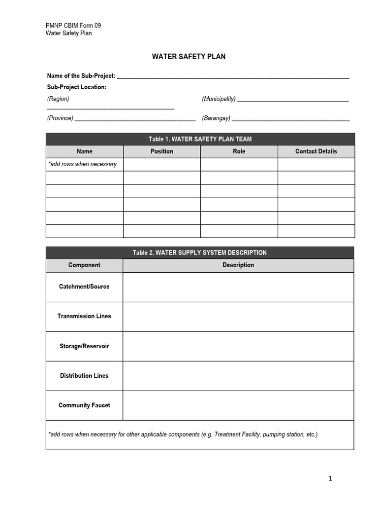 PMNP CBIM Form 09 - Water Safety Plan Template | PDF | Water Quality ...