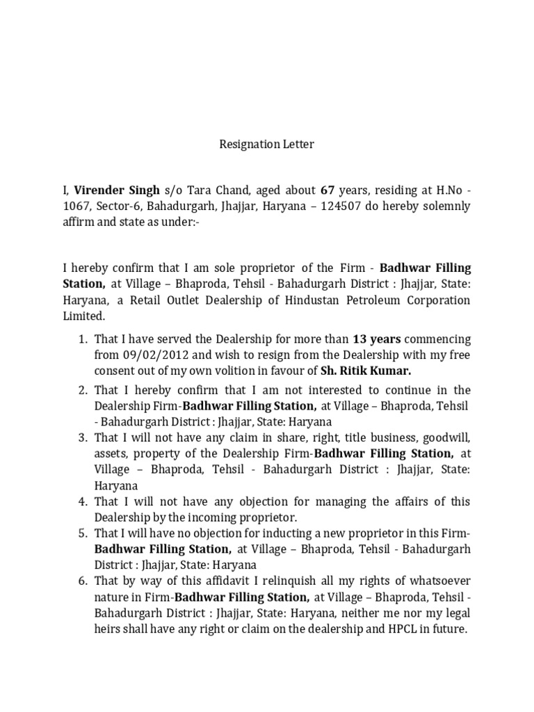 Resignation Letter on Letter Head and Stamp | PDF