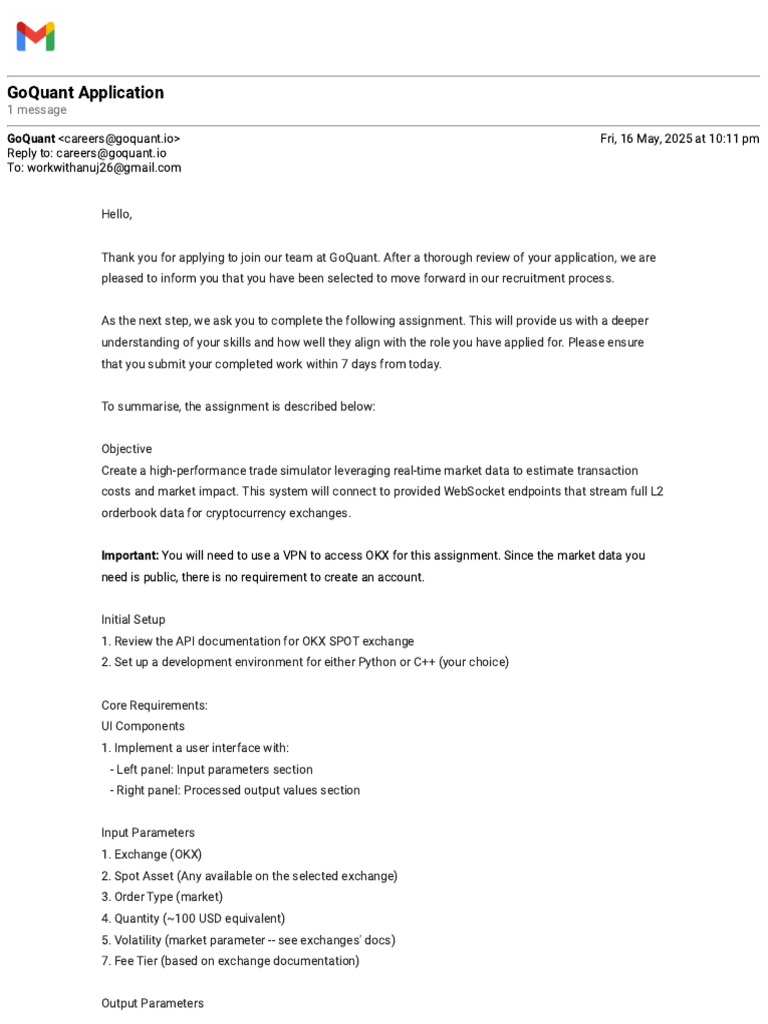 Gmail - GoQuant Application | PDF | Program Optimization | Regression Analysis