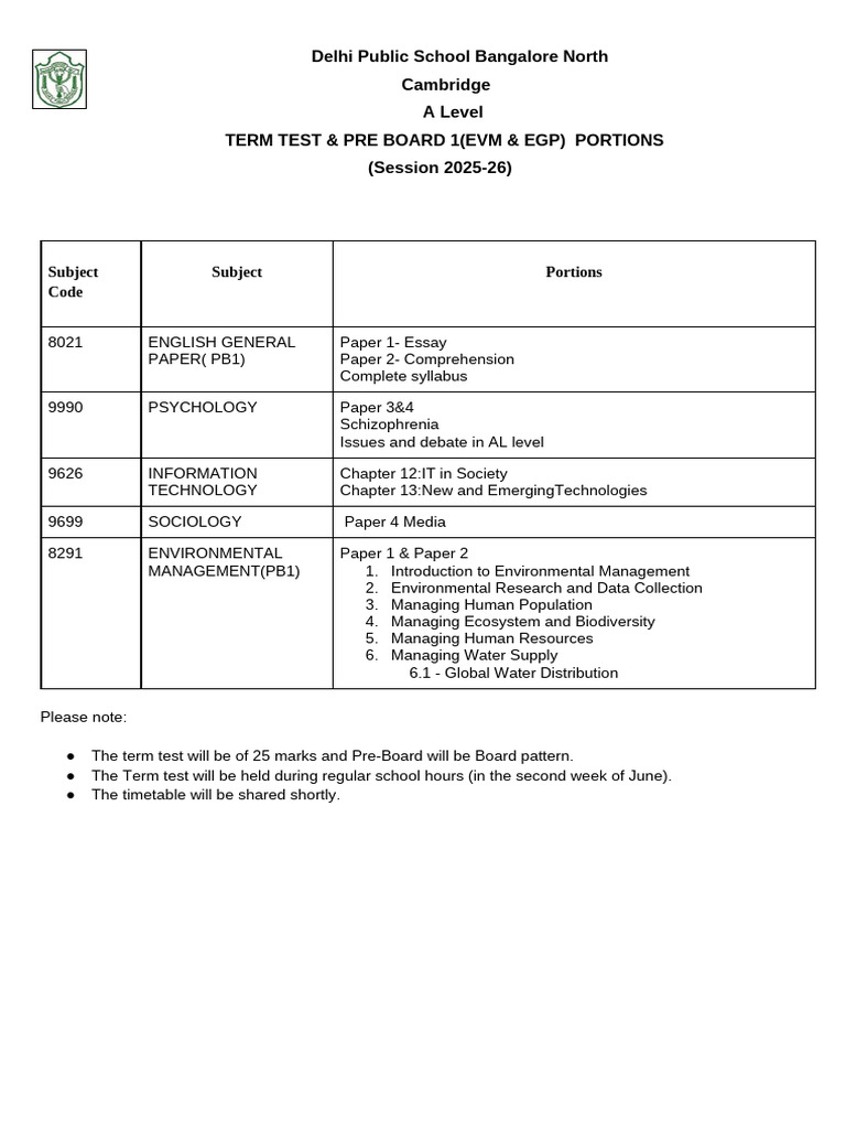 DPS Bangalore North A Level Test Portions | PDF
