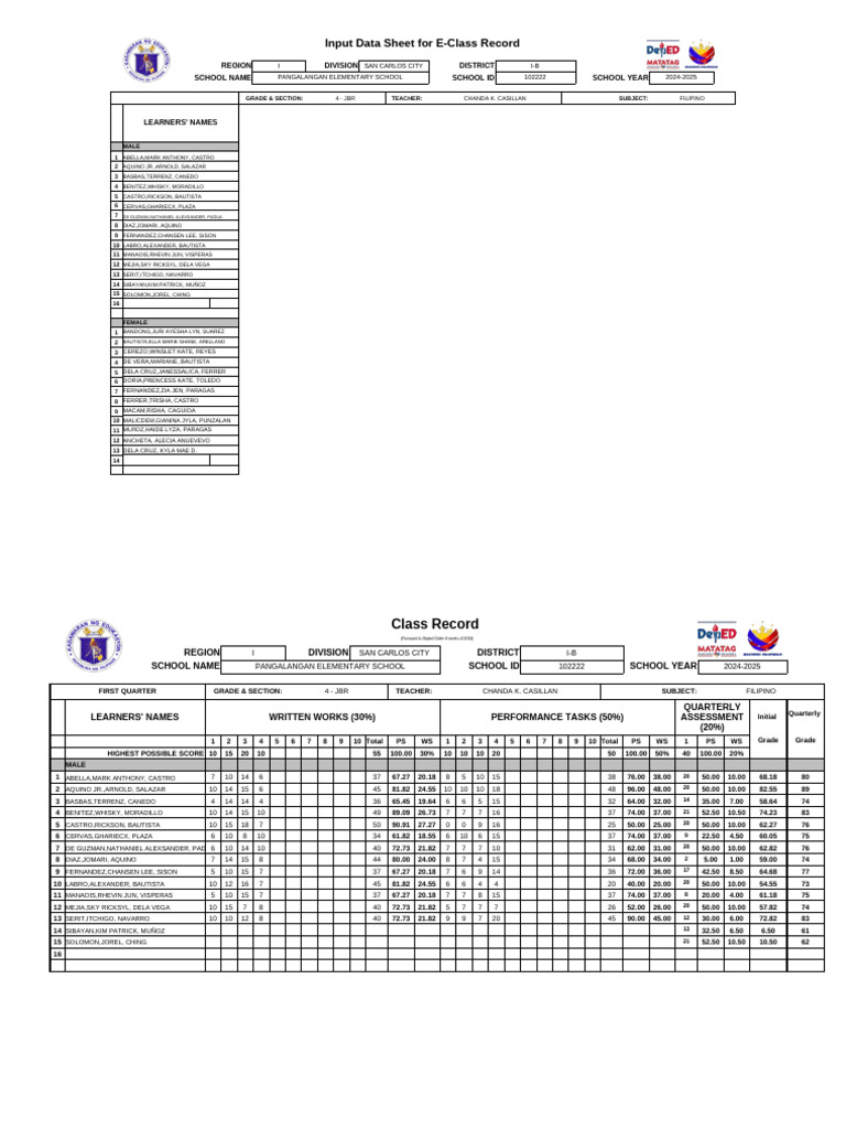 Filipino4 JBR Class Record Matatag | PDF | Philippines