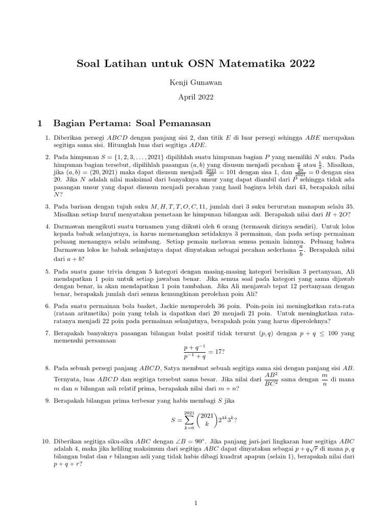 Soal Dan Solusi Latihan Untuk OSN Matematika 2022 | PDF