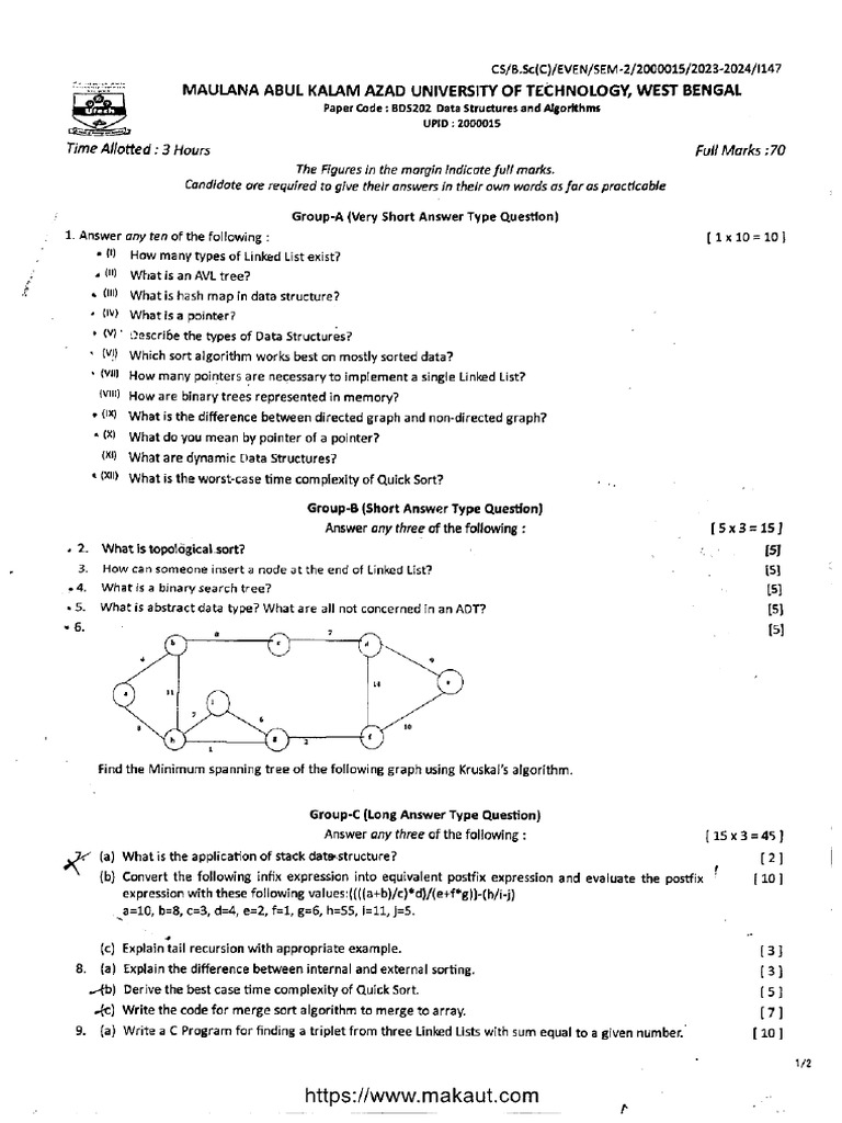 BSC 2 Sem Data Structures and Algorithms bds202 2024 | PDF