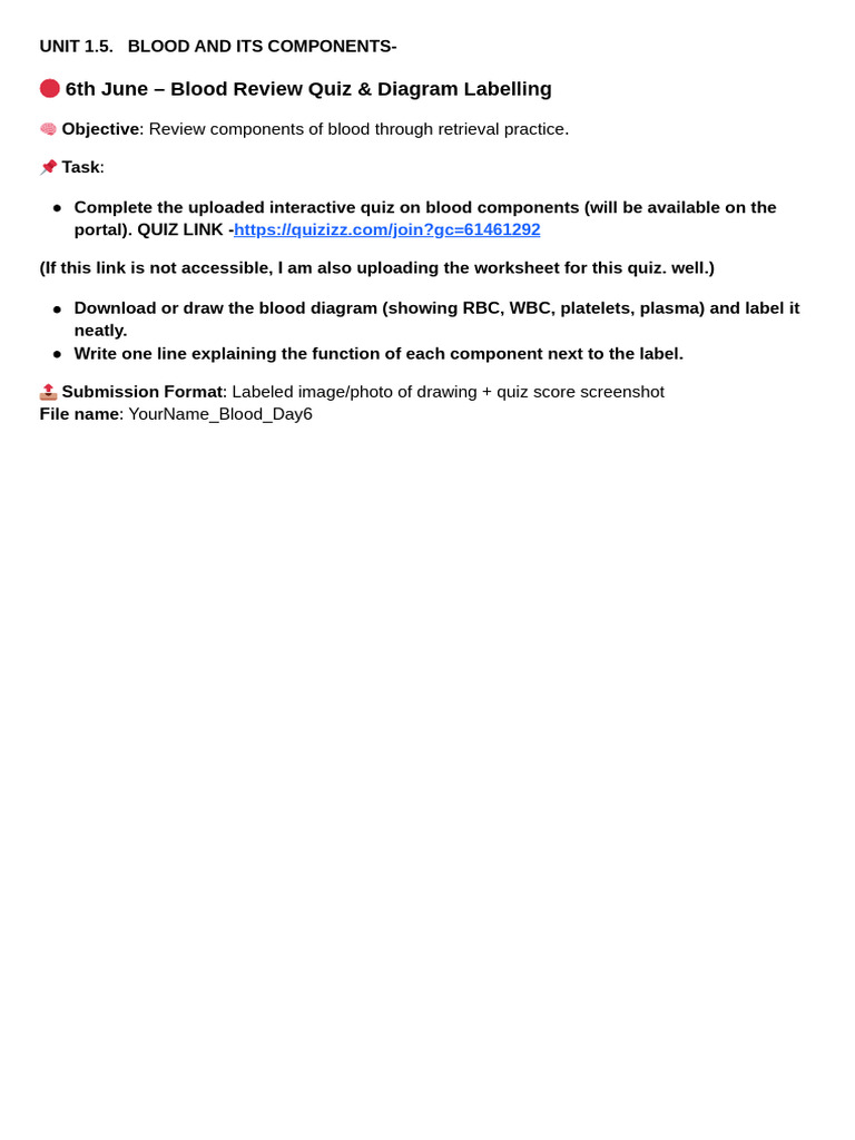 ? 6th June - Blood Review Quiz & Diagram Labelling | PDF