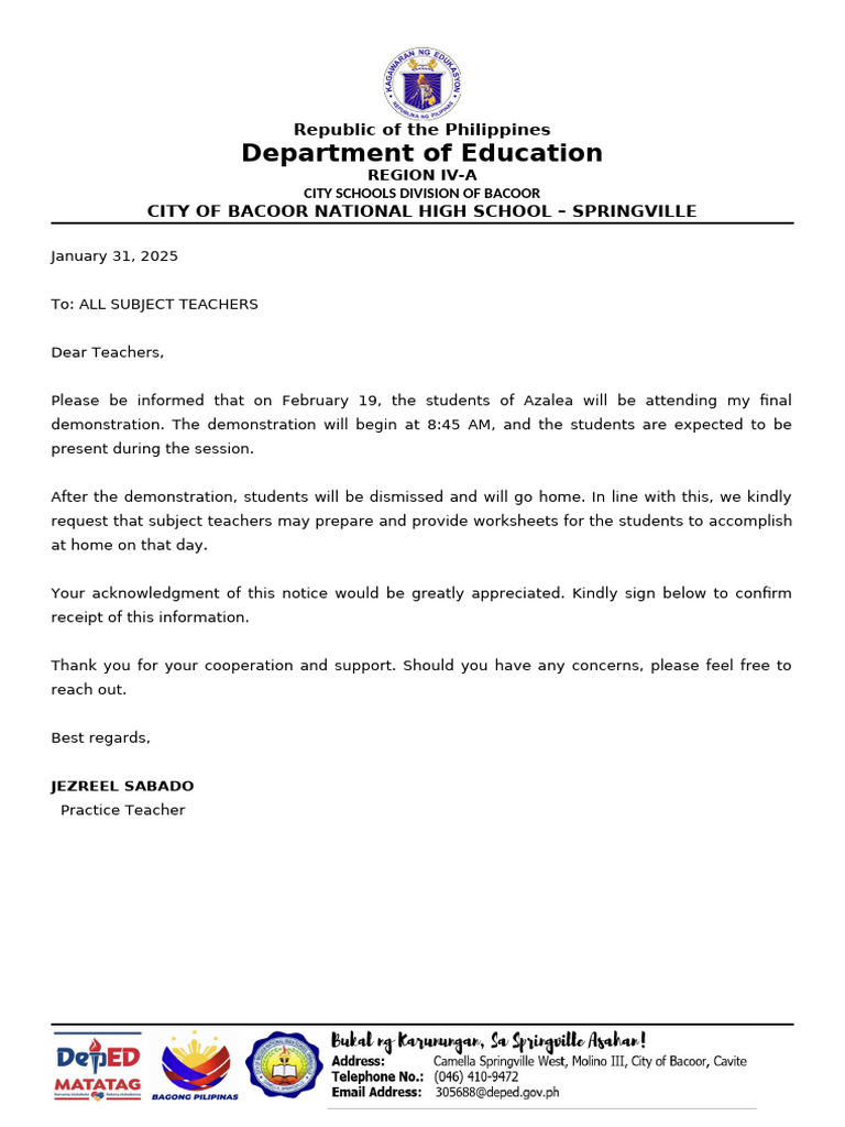 Letter To All Subject Teachers | PDF