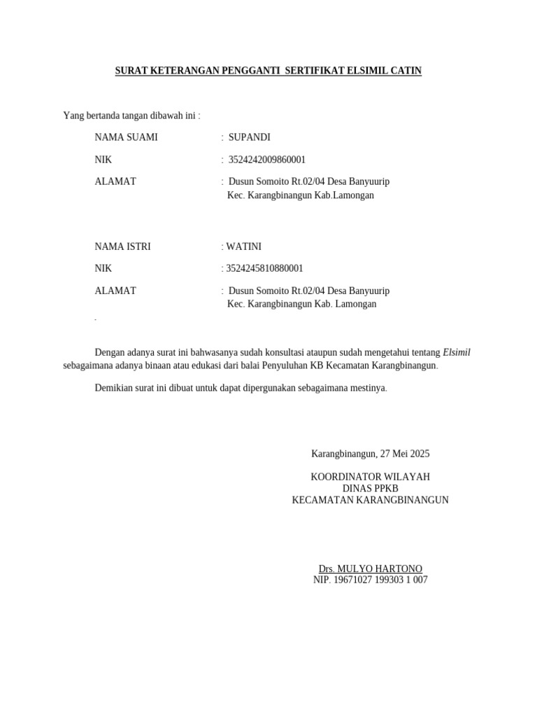 Surat Keterangan Elsimil Catin | PDF