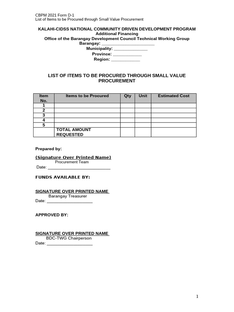 CBPM 2021 Form D-1 - List of Items To Be Procured Through Small Value ...