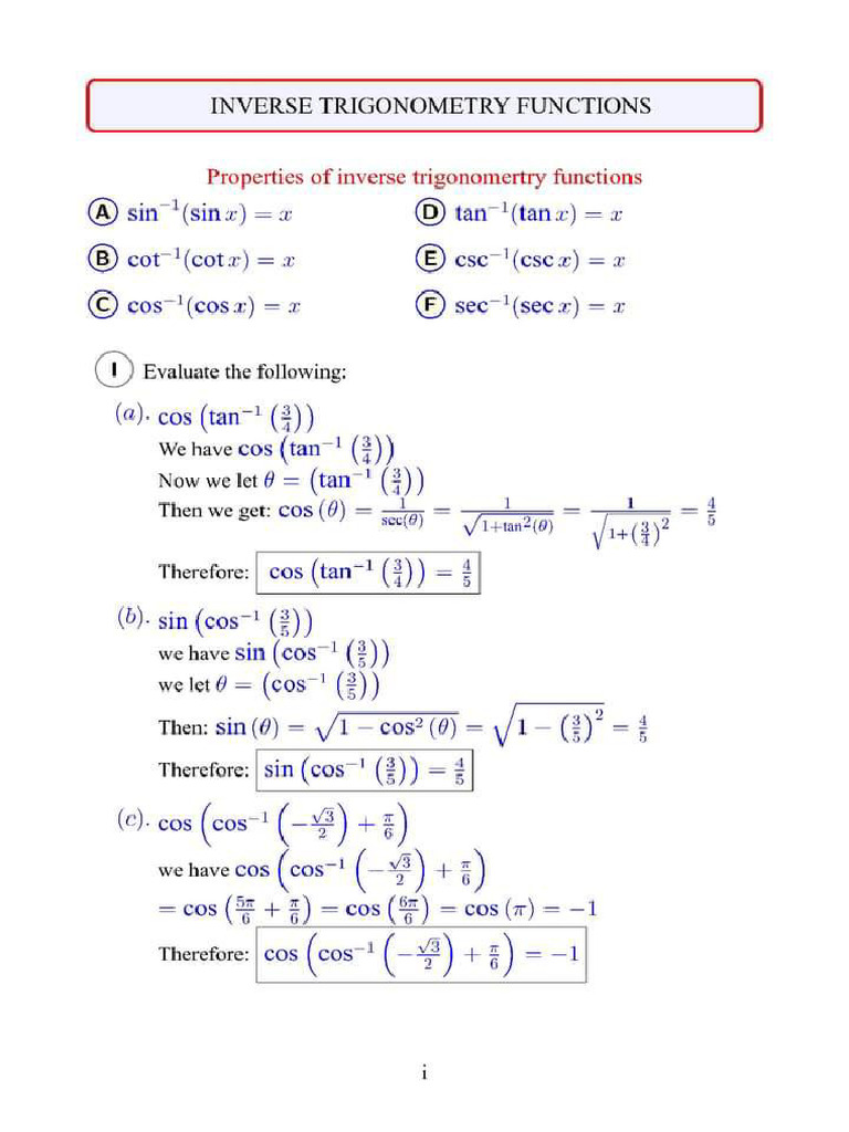 Inverse Trigonometric Functions - Solved Exercises | PDF