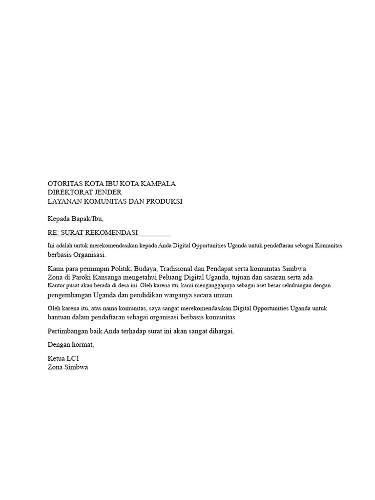 Surat Rekomendasi LC1 Kepada KCCA | PDF