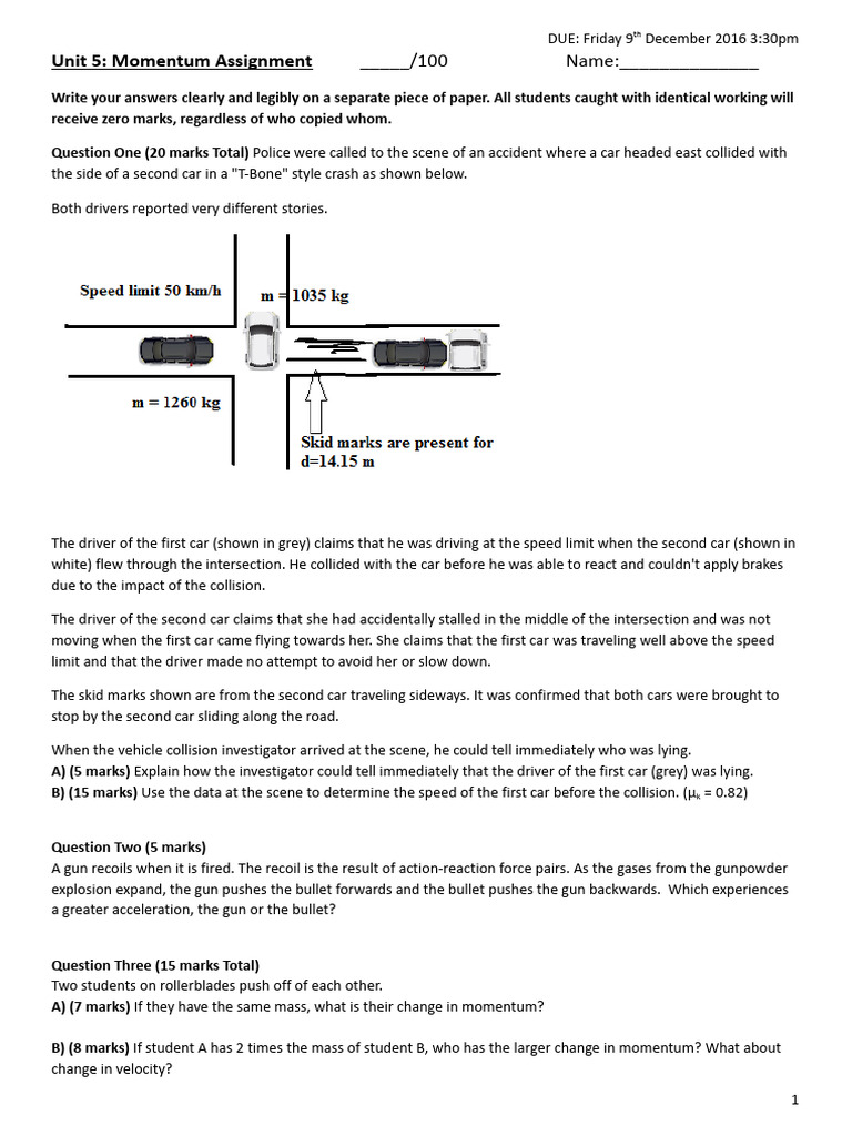 Physics Unit 5 Momentum Assignment | PDF | Momentum | Applied And Interdisciplinary Physics