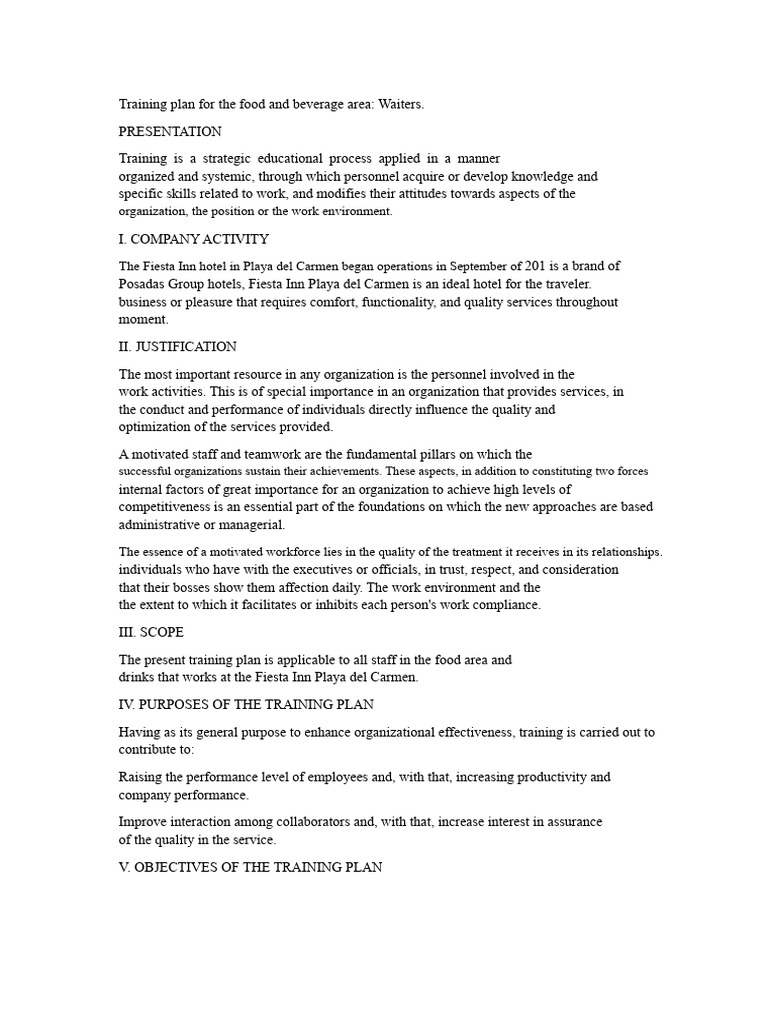 Training Plan For The Food and Beverage Department | PDF | Restaurants ...