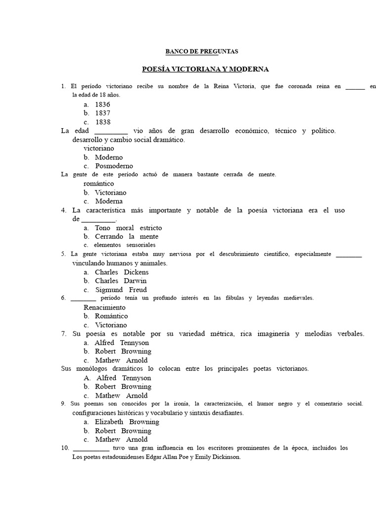 BANCO DE PREGUNTAS Poesía Moderna y Victoriana | PDF | TS Eliot | Poesía