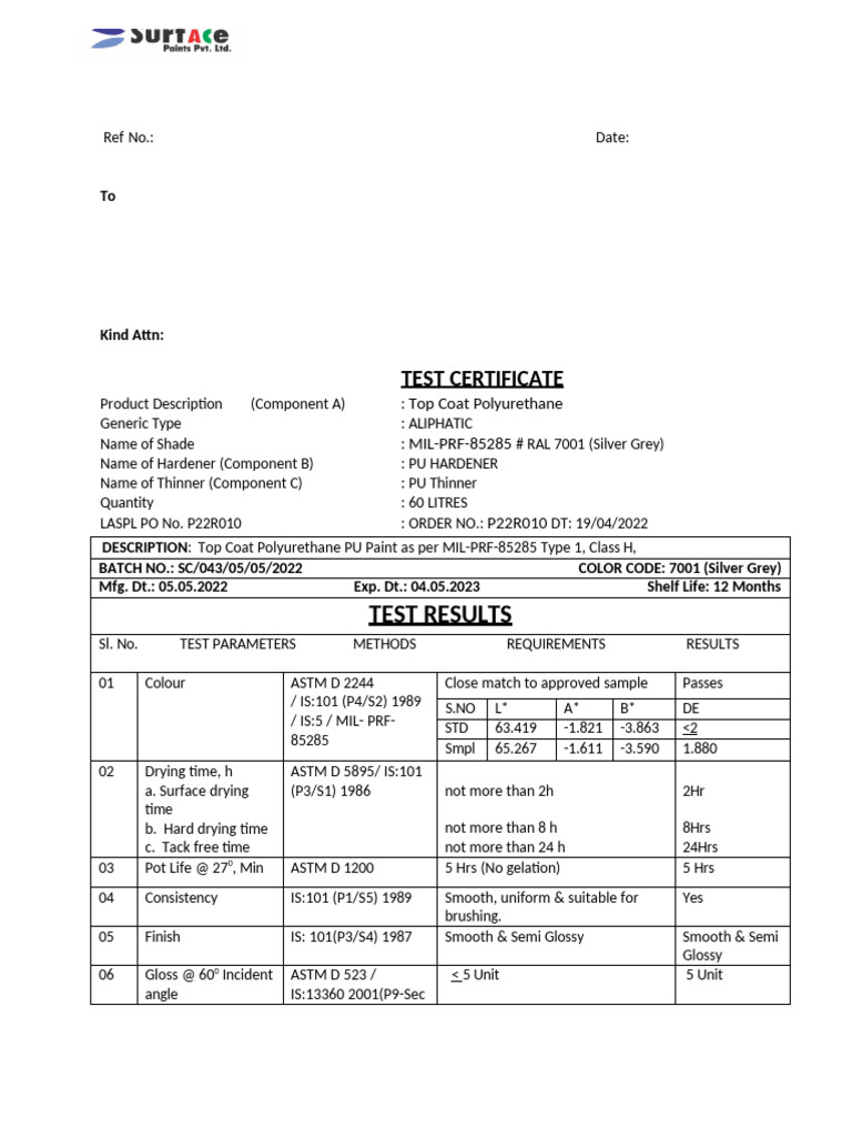 MIL-PRF-85285 Top Coat Certificate | PDF