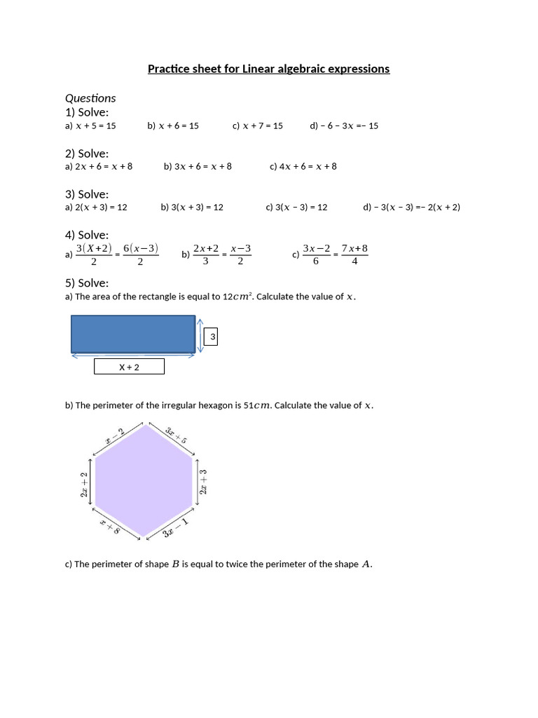 Practice Sheet For Linear Algebraic Expressions | PDF
