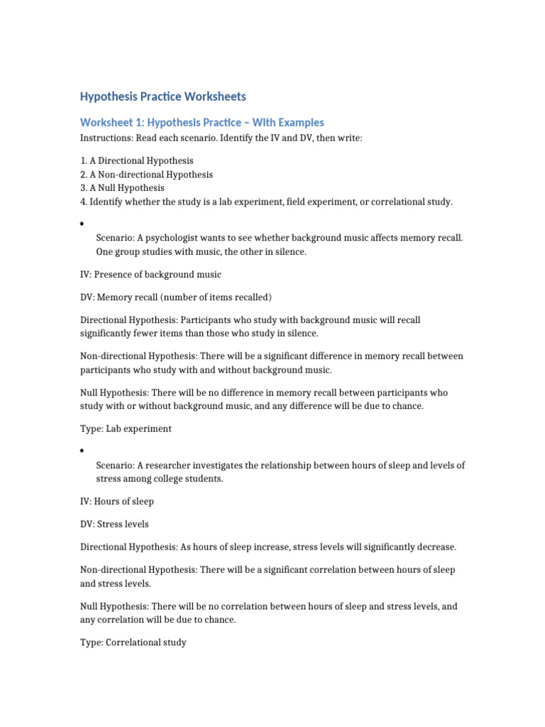 Hypothesis Practice Worksheets | PDF | Hypothesis | Memory