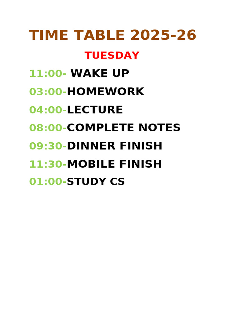 Time Table 2025 Tuesday | PDF