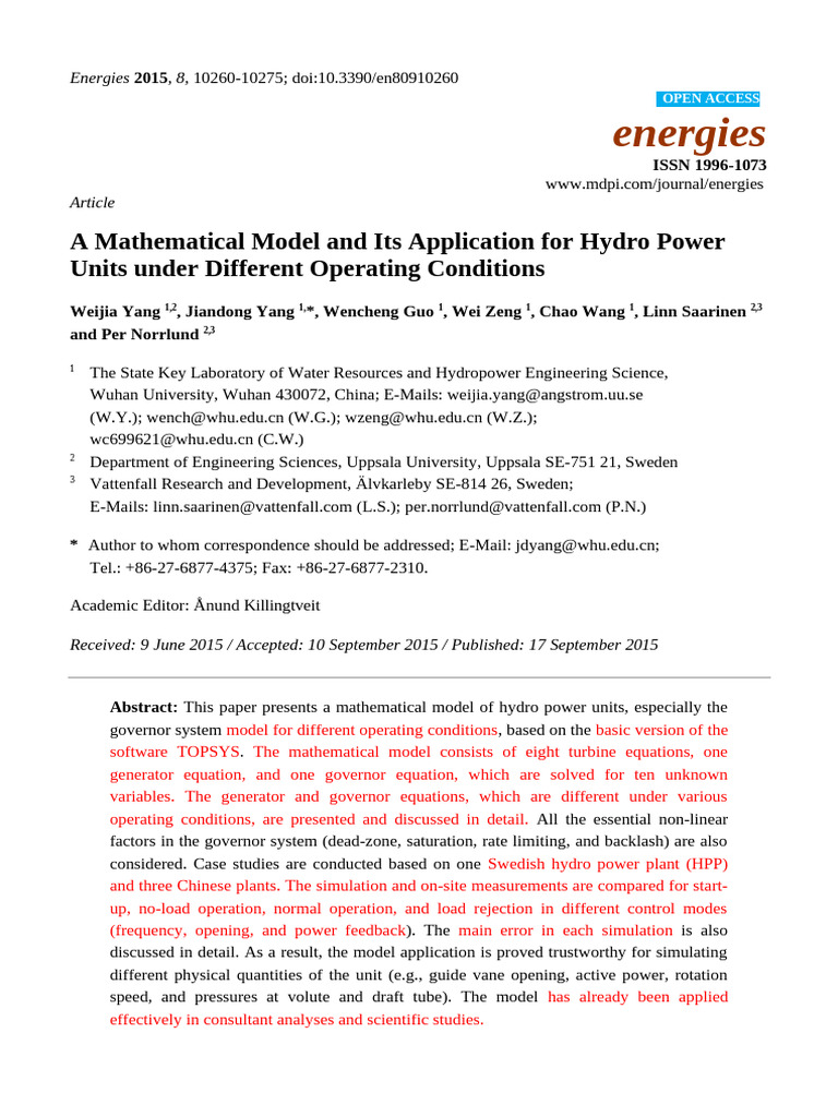 Mathematical Model for Hydro Power Units | PDF | Simulation | Control ...