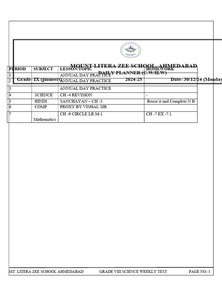 Mount Litera Zee School, Ahmedabad: Daily Planner (C.W/H.W) Grade-IX ...