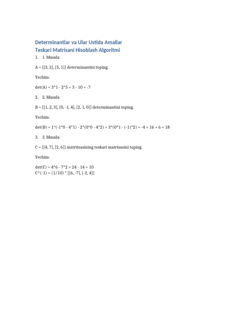 Determinantlar Va Teskari Matritsa Yechimlari | PDF