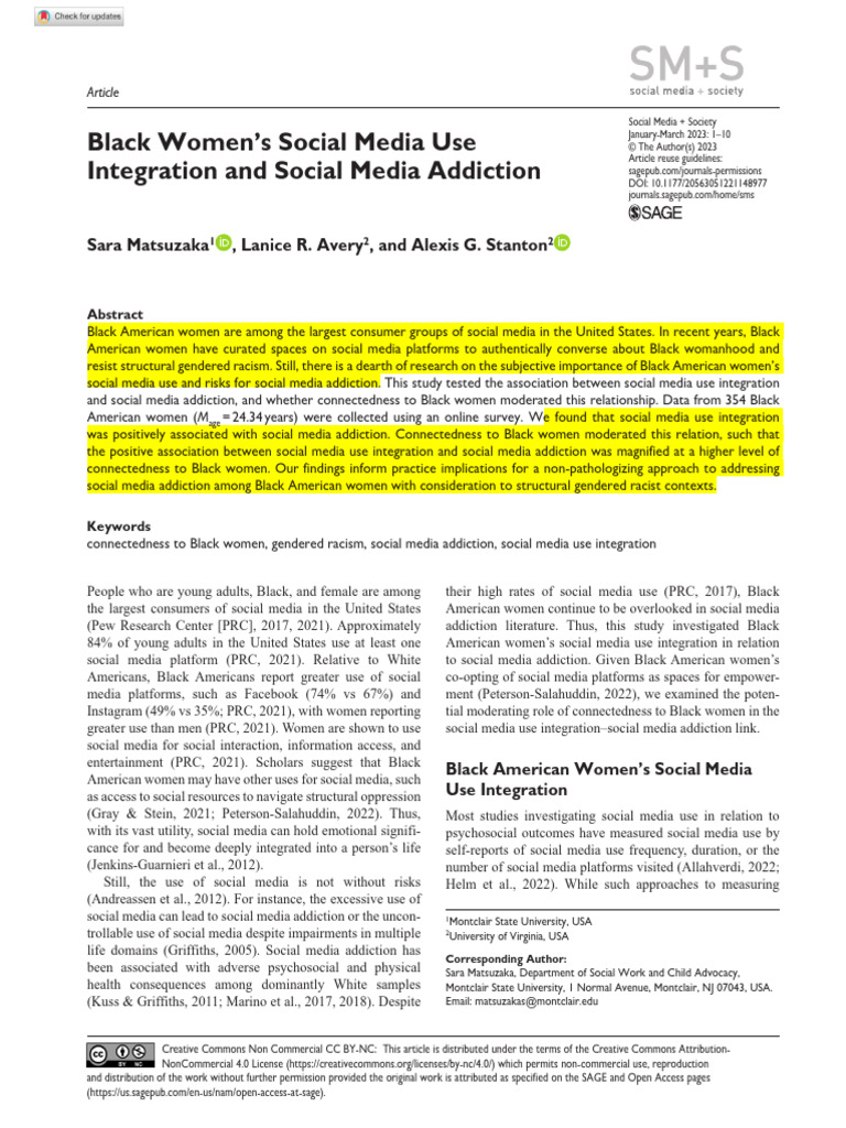 Matsuzaka Et Al 2023 Black Women S Social Media Use Integration and ...