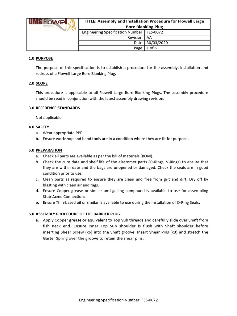FES-0072 - Assembly and Installation Procedure For Flowell Large Bore ...