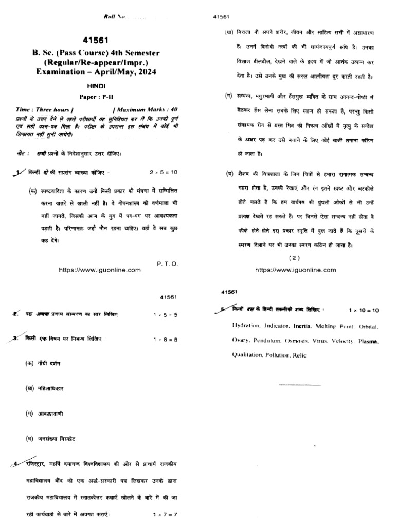 BSC 4 Sem Hindi 41561 May 2024 | PDF