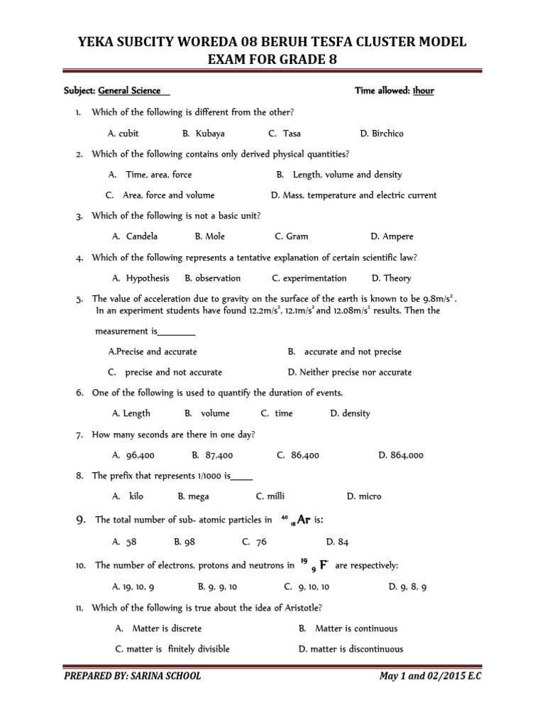 Grade 8 Model Prepared by Sarina School | PDF | Stratosphere | Atmosphere