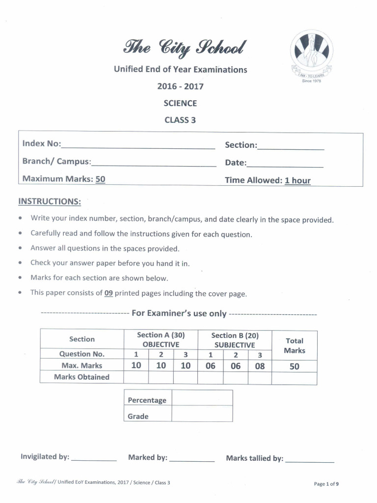 3 Science Past Paper Eoy 2016 17 | PDF