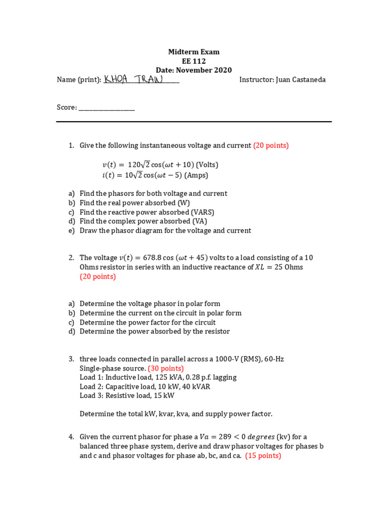Midterm Exam Fall 2020 PDF | PDF | Electronics | Electricity