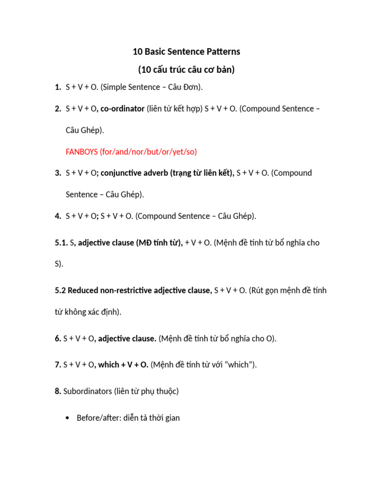 10 Basic Sentence Patterns | PDF | Grammar | Syntax