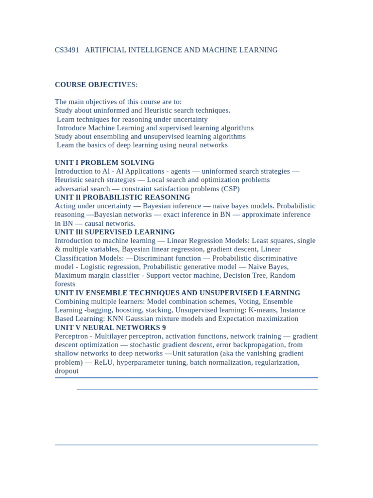 CS3491 AI and ML Syllabus | PDF