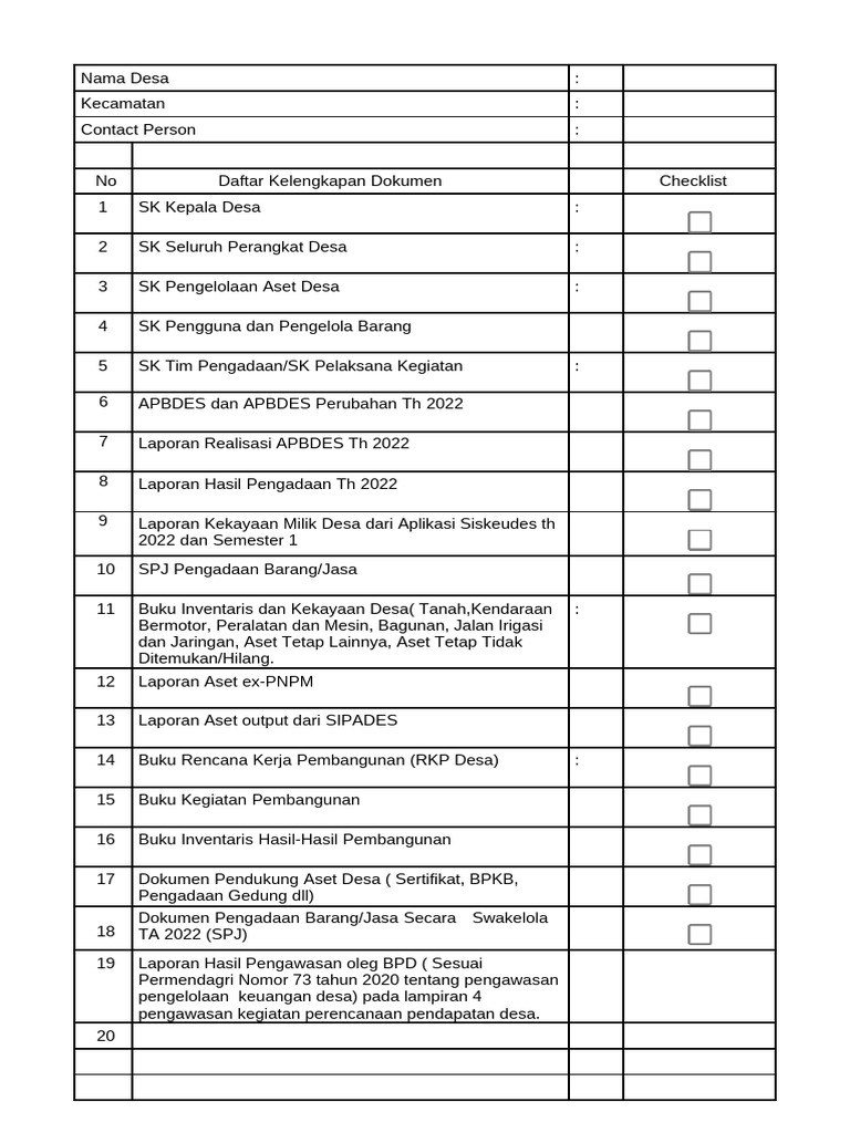 Checklist Monev Aset Desa | PDF