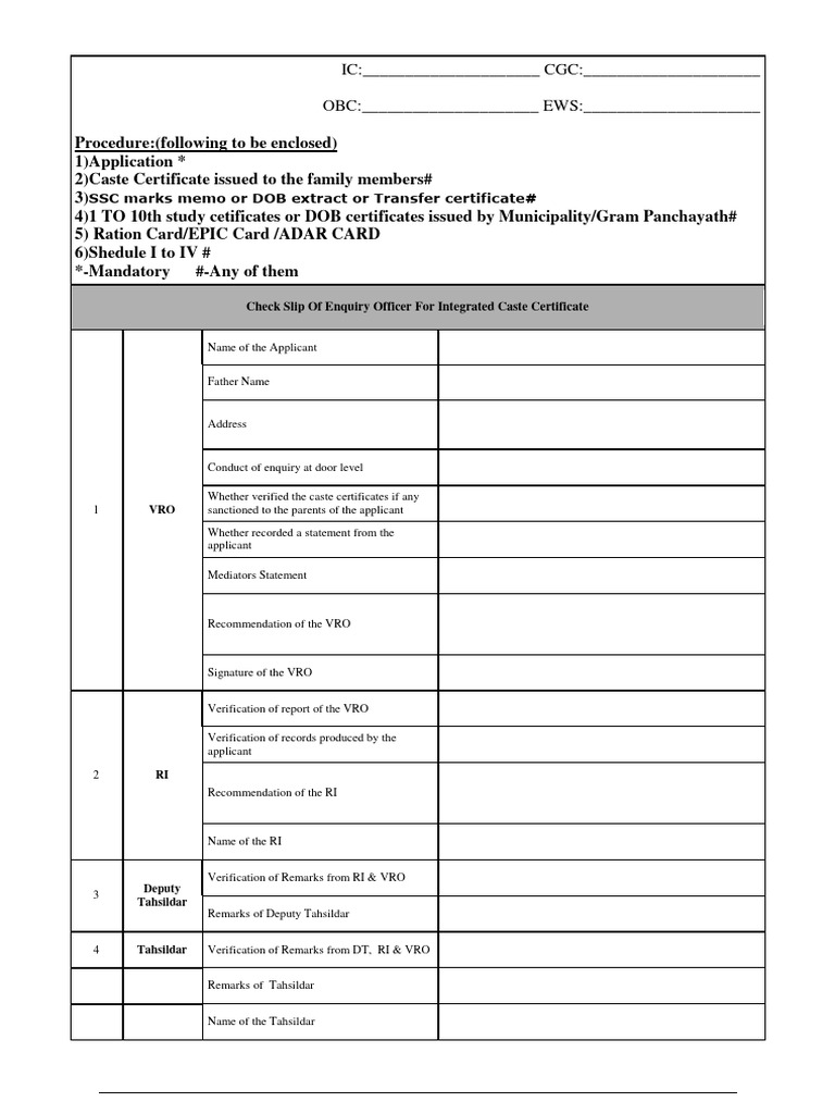 Caste Certificate Application Checklist | PDF
