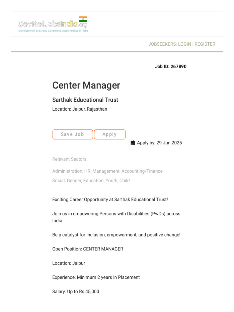 Center Manager: Sarthak Educational Trust | PDF