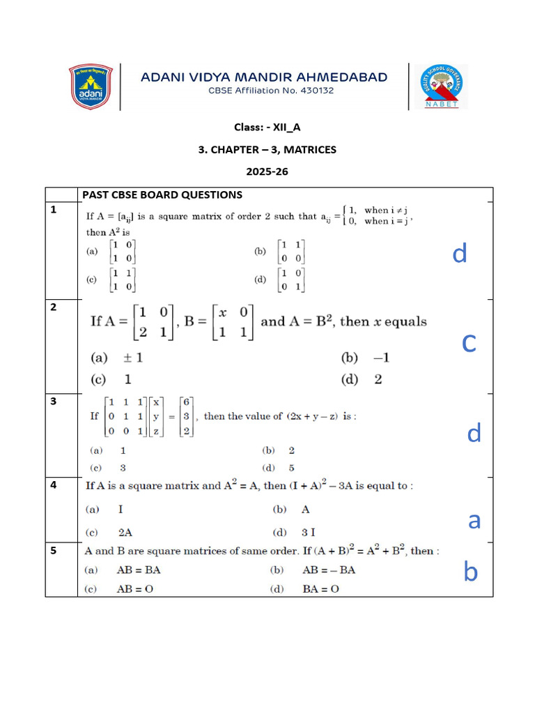 Class XII MATRICES Most Important Questions For 2025-26 Examination | PDF