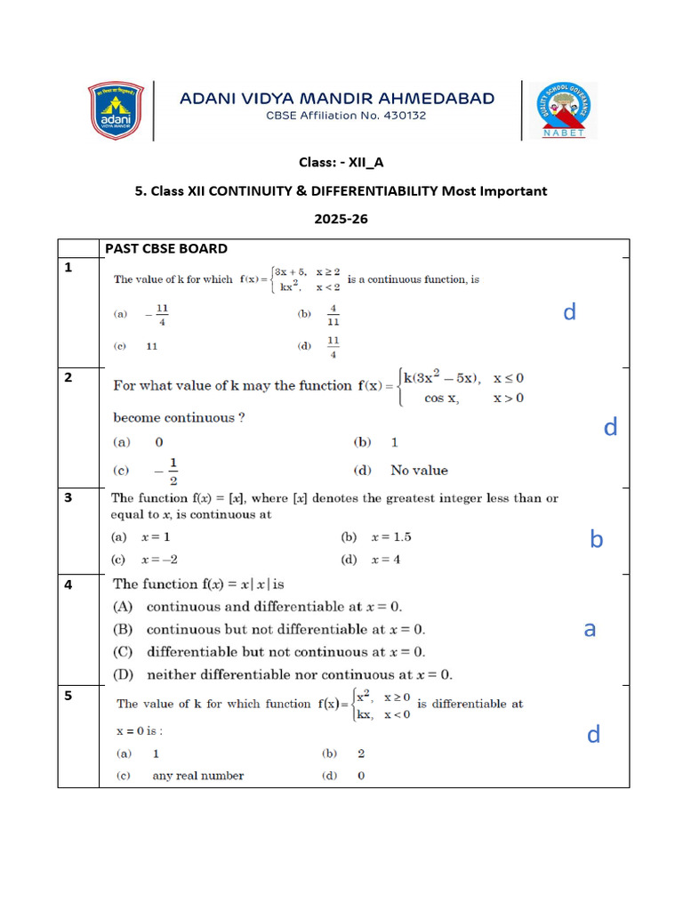 Class 12 Continuity & Differentiability Guide | PDF