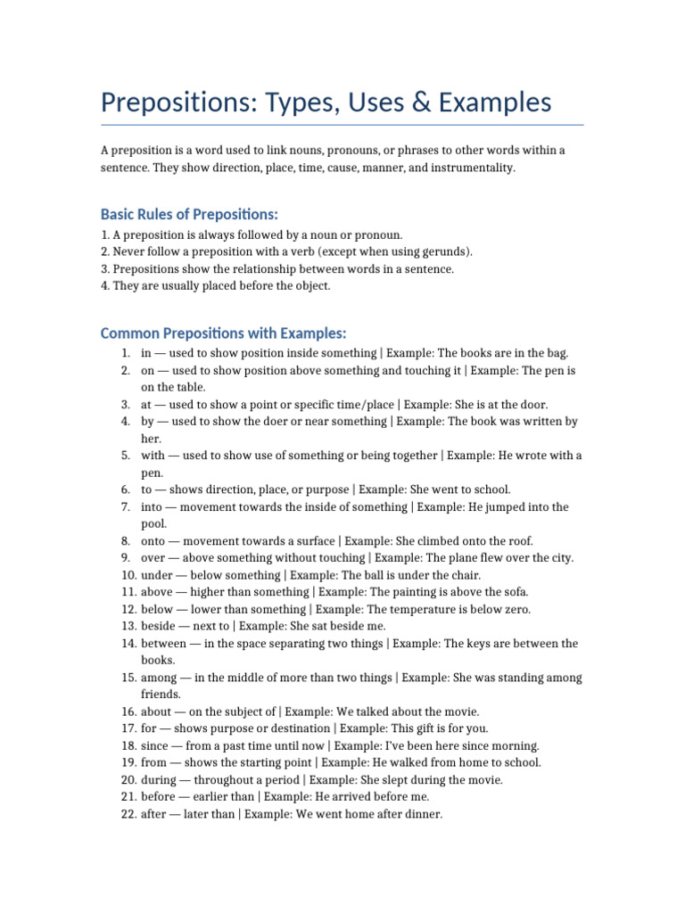 Prepositions Types Usage Examples Shima | PDF | Pronoun | Linguistic Morphology