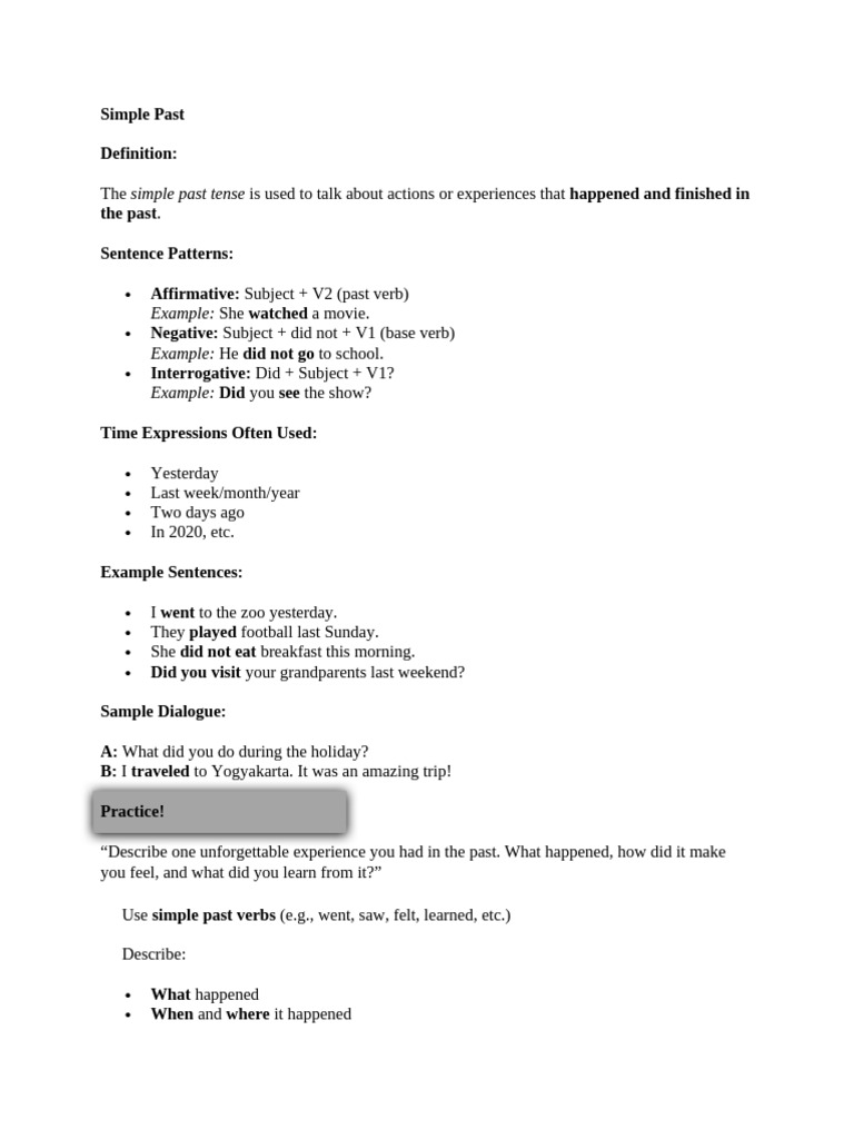 Simple Past Experience | PDF