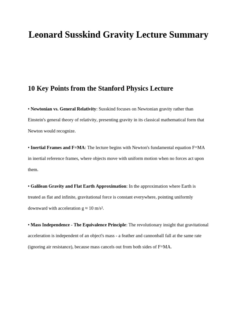 Leonard Susskind Gravity Lecture Summary | PDF
