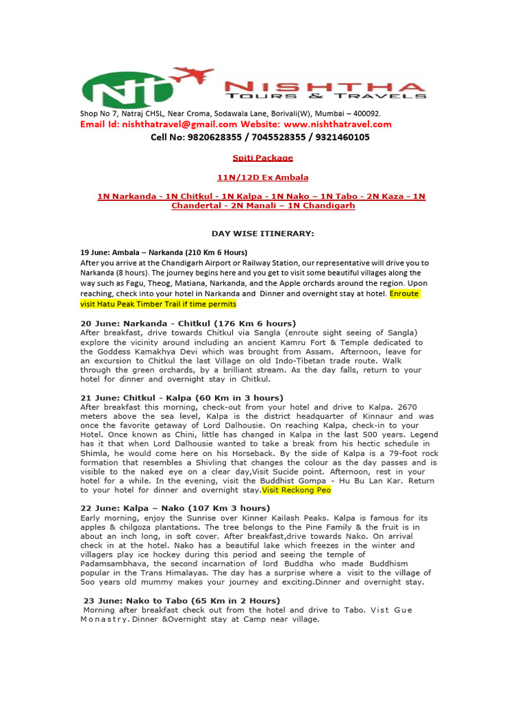 Updated Spiti Itinerary - Dharmesh Doshi | PDF