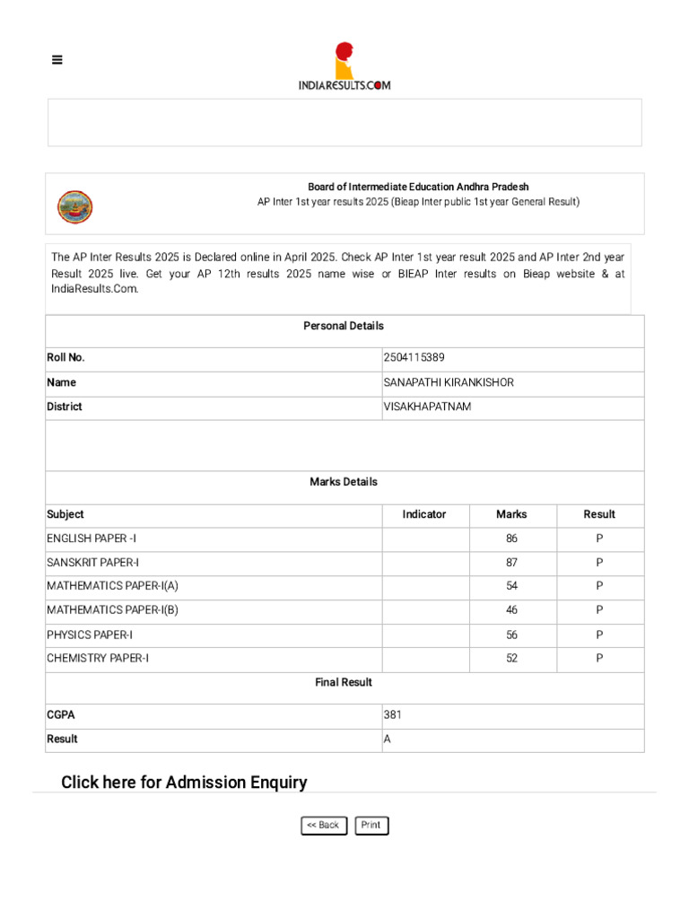 AP Inter 1st Year Results 2025 (Bieap Inter Public 1st Year General Result) - Board of ...