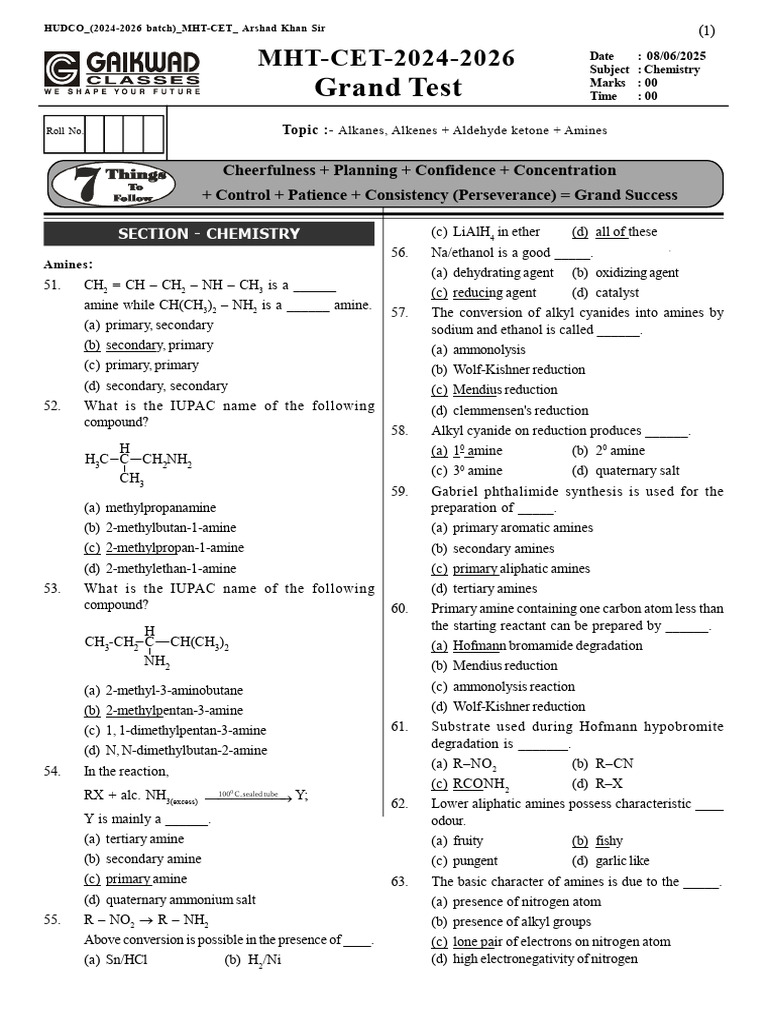 Chem - XII-2024 - CET - 08-06-2025 - Alkanes, Alkenes + Aldehyde Ketone + Amines - Hudco | PDF ...