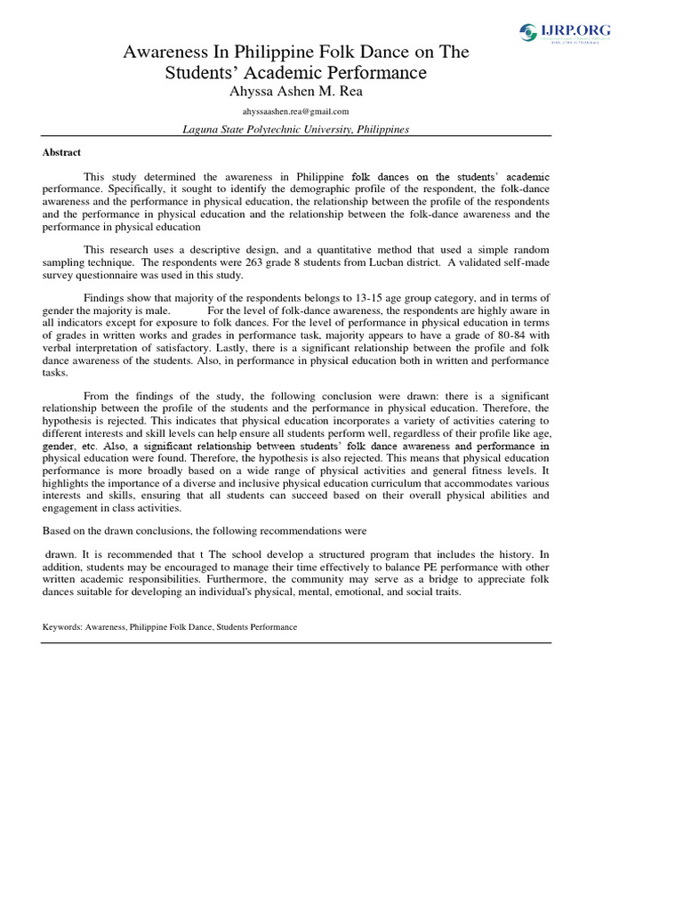 Students' Academic Performance: Awareness in Philippine Folk Dance On ...