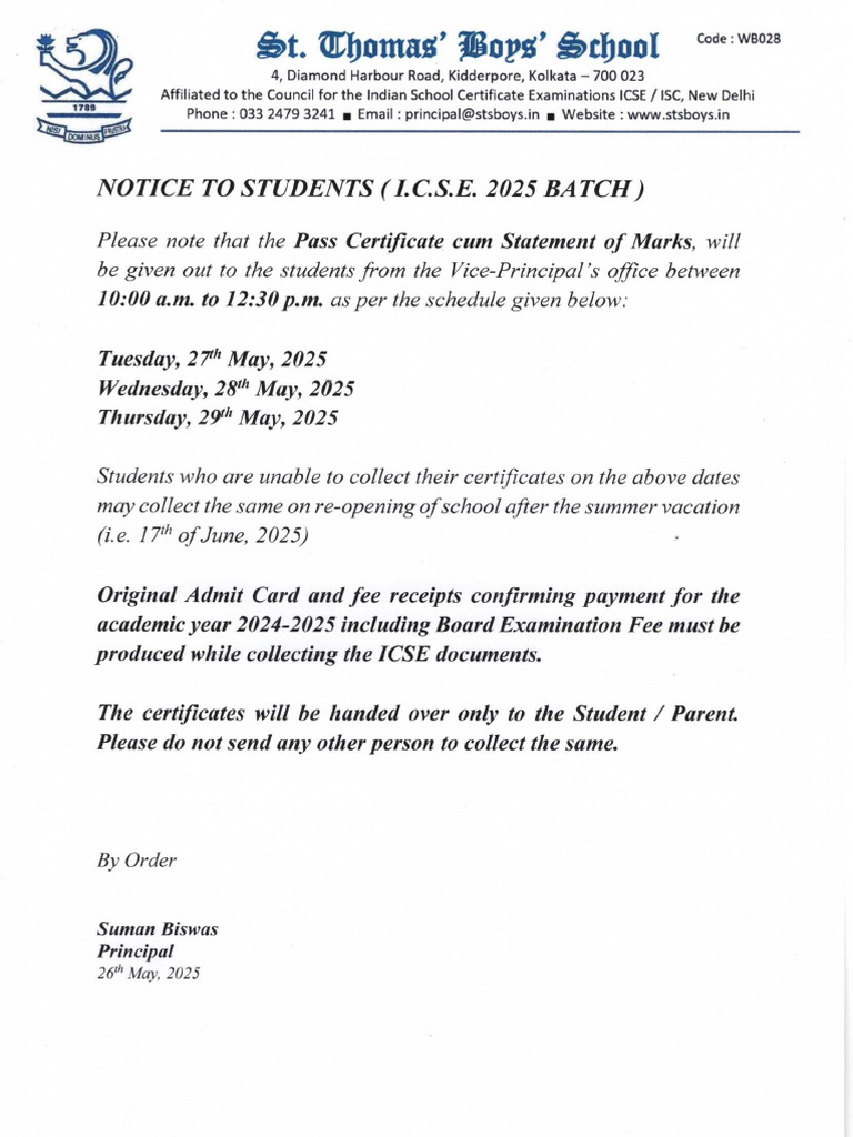Notice Icse 2025 Mark Sheet Distribution | PDF