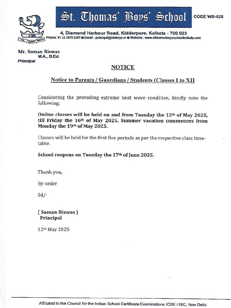 Notice Dated 12.5.2025 Classes I To XII | PDF