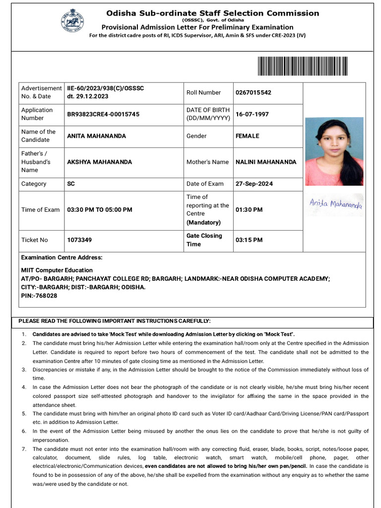 Admission Card for Exam on 27-Sep-2024 | PDF | Question