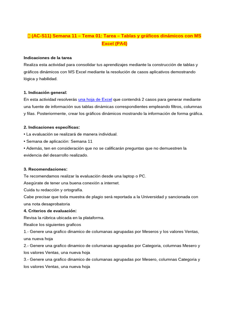 ? (AC-S11) Semana 11 - Tema 01 Tarea - Tablas y Gráficos Dinámicos Con MS Excel (PA4) | PDF ...