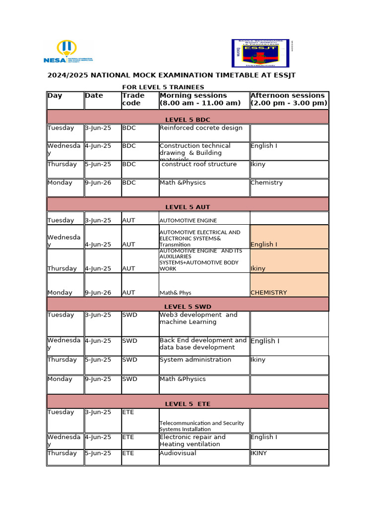 2024 - 2025 National Mock Examination Timetable at Essjt | PDF